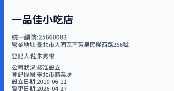 一品佳小吃店的照片-統編 25660083(臺北市) 公司登記資料與營業項目詳細圖表
