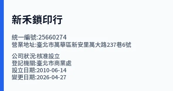 新禾鎖印行的照片-統編 25660274(臺北市) 公司登記資料與營業項目詳細圖表