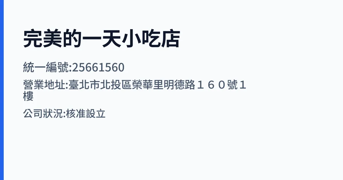 完美的一天小吃店 - 統編 25661560(臺北市) 公司登記資料與營業項目詳細圖表
