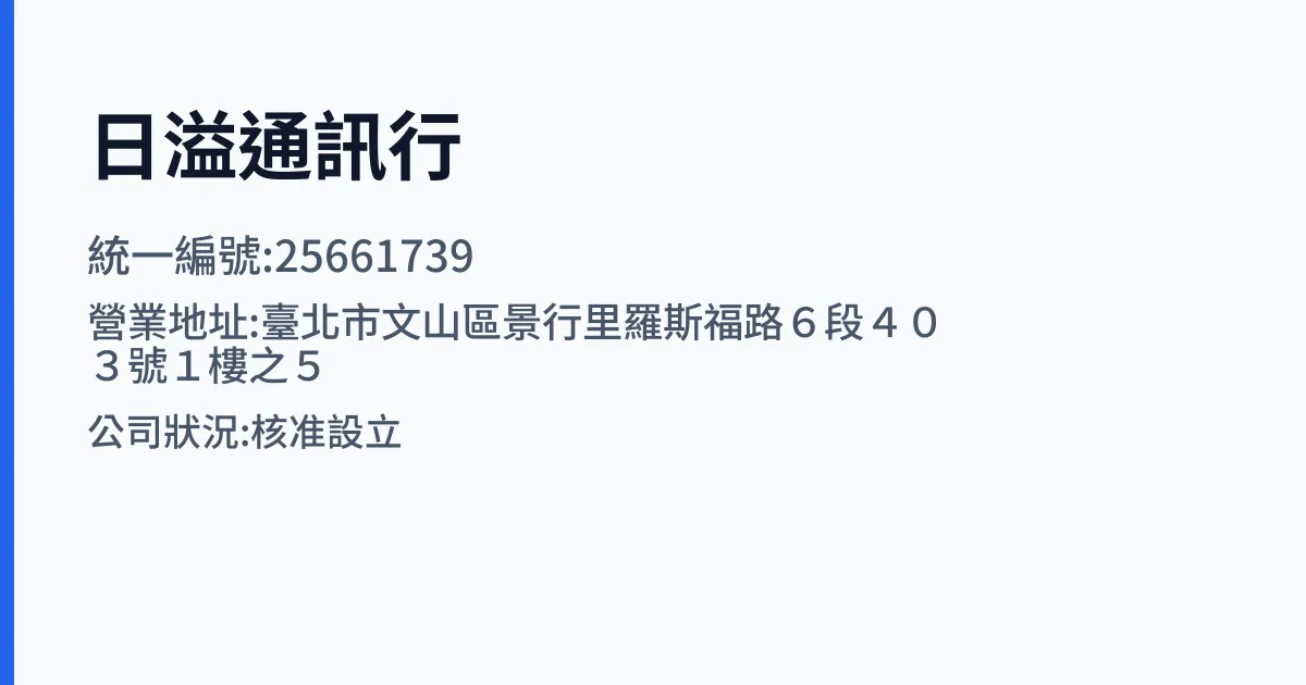 日溢通訊行 - 統編 25661739(臺北市) 公司登記資料與營業項目詳細圖表