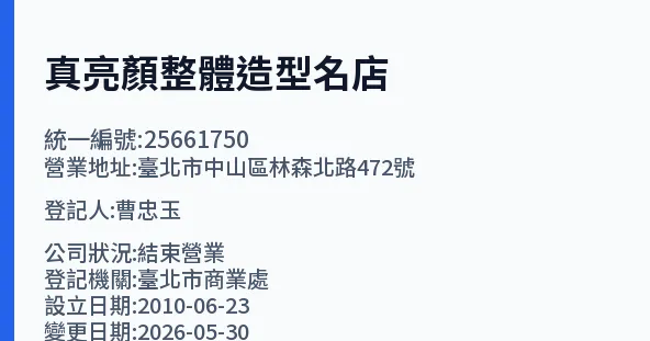 真亮顏整體造型名店的照片-統編 25661750(臺北市) 公司登記資料與營業項目詳細圖表