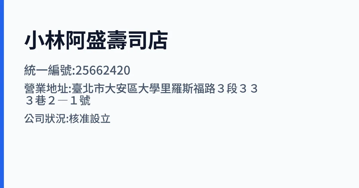 小林阿盛壽司店 - 統編 25662420(臺北市) 公司登記資料與營業項目詳細圖表