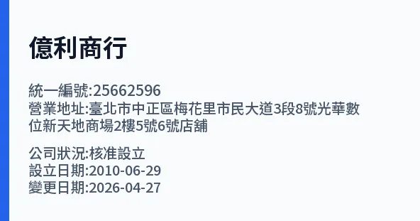 億利商行的照片-統編 25662596(臺北市) 公司登記資料與營業項目詳細圖表