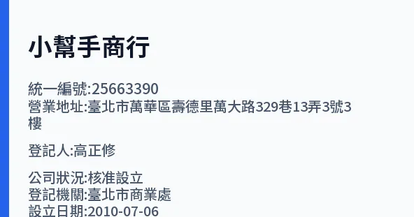 小幫手商行的照片-統編 25663390(臺北市) 公司登記資料與營業項目詳細圖表