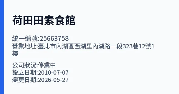 荷田田素食館的照片-統編 25663758(臺北市) 公司登記資料與營業項目詳細圖表