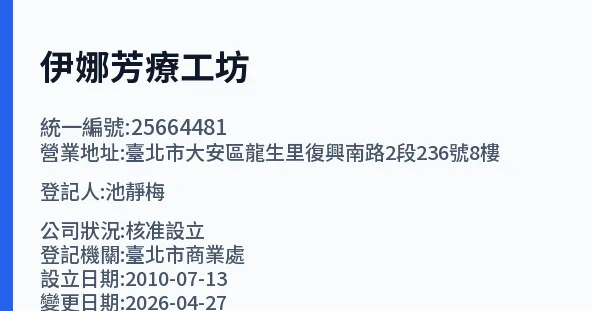 伊娜芳療工坊的照片-統編 25664481(臺北市) 公司登記資料與營業項目詳細圖表