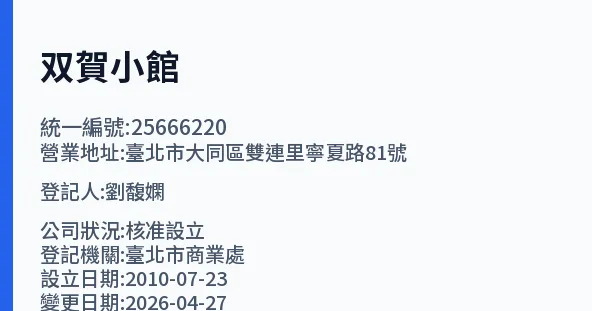 双賀小館的照片-統編 25666220(臺北市) 公司登記資料與營業項目詳細圖表