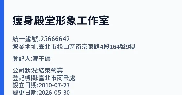 瘦身殿堂形象工作室的照片-統編 25666642(臺北市) 公司登記資料與營業項目詳細圖表