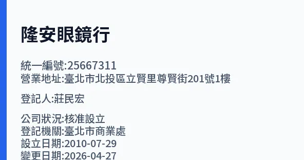 隆安眼鏡行的照片-統編 25667311(臺北市) 公司登記資料與營業項目詳細圖表