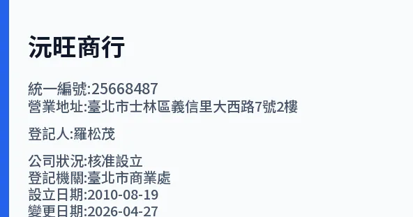 沅旺商行的照片-統編 25668487(臺北市) 公司登記資料與營業項目詳細圖表