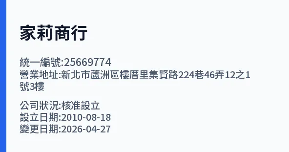家莉商行的照片-統編 25669774(新北市) 公司登記資料與營業項目詳細圖表