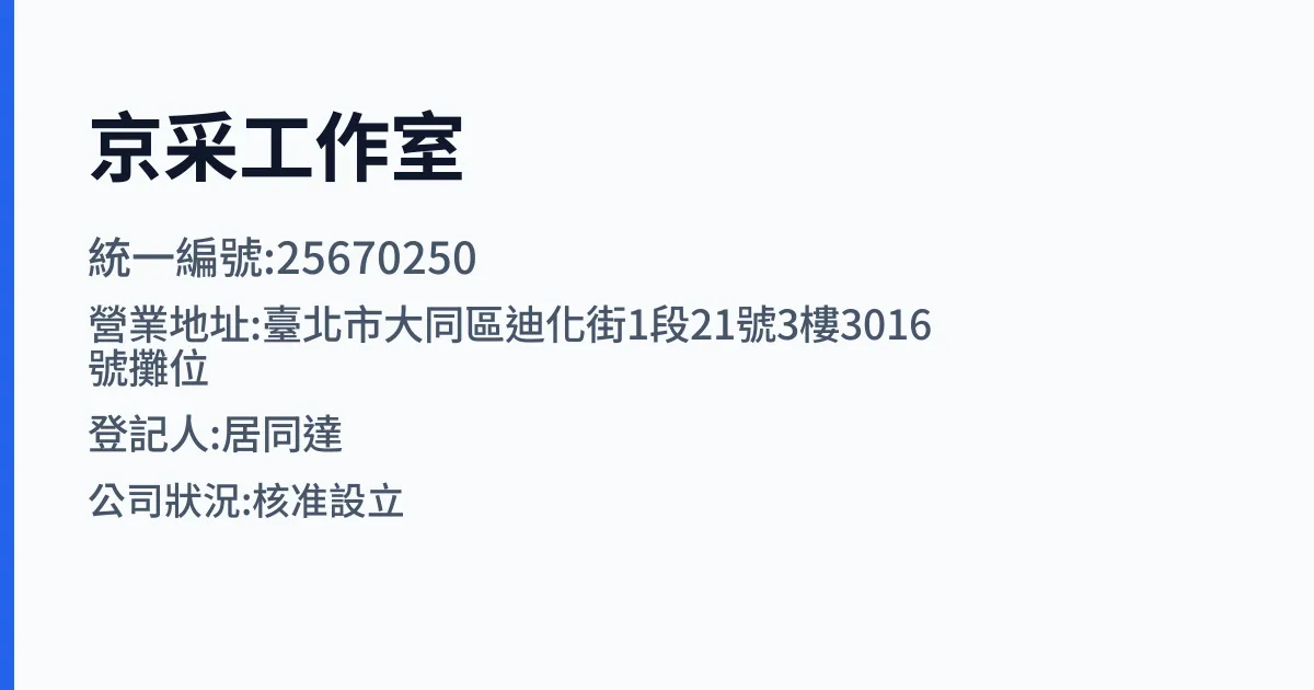 京采工作室 - 統編 25670250(臺北市) 公司登記資料與營業項目詳細圖表