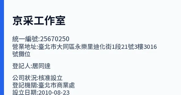 京采工作室的照片-統編 25670250(臺北市) 公司登記資料與營業項目詳細圖表