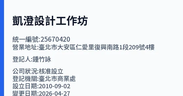 凱澄設計工作坊的照片-統編 25670420(臺北市) 公司登記資料與營業項目詳細圖表