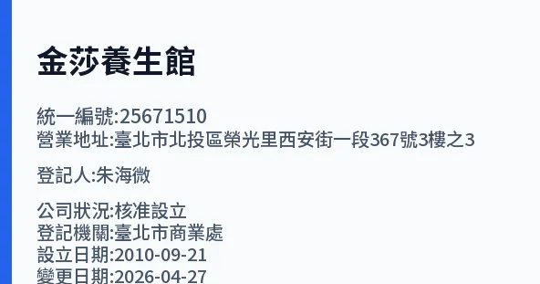 金莎養生館的照片-統編 25671510(臺北市) 公司登記資料與營業項目詳細圖表