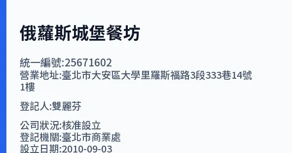 俄蘿斯城堡餐坊的照片-統編 25671602(臺北市) 公司登記資料與營業項目詳細圖表