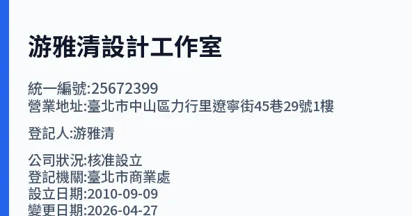 游雅清設計工作室的照片-統編 25672399(臺北市) 公司登記資料與營業項目詳細圖表