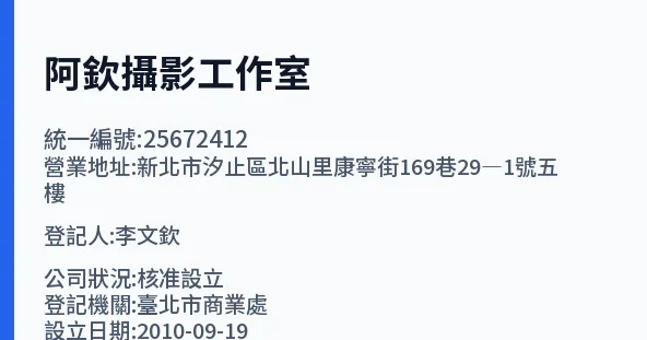 阿欽攝影工作室的照片-統編 25672412(新北市) 公司登記資料與營業項目詳細圖表