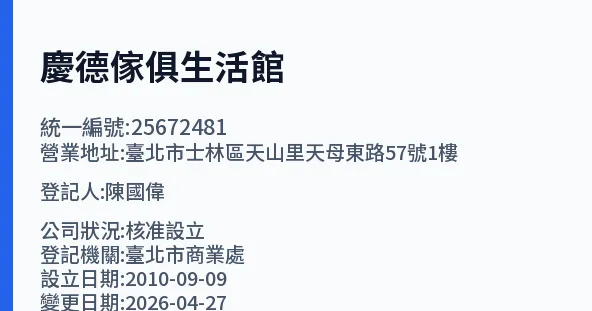 慶德傢俱生活館的照片-統編 25672481(臺北市) 公司登記資料與營業項目詳細圖表