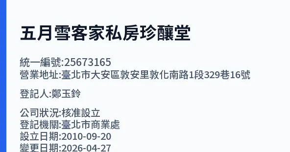 五月雪客家私房珍釀堂的照片-統編 25673165(臺北市) 公司登記資料與營業項目詳細圖表