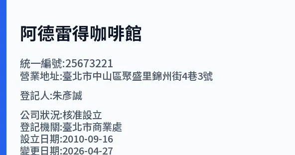 阿德雷得咖啡館的照片-統編 25673221(臺北市) 公司登記資料與營業項目詳細圖表
