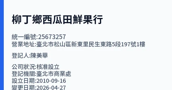 柳丁鄉西瓜田鮮果行的照片-統編 25673257(臺北市) 公司登記資料與營業項目詳細圖表
