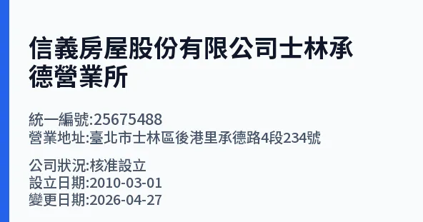 信義房屋股份有限公司士林承德營業所的照片-統編 25675488(臺北市) 公司登記資料與營業項目詳細圖表