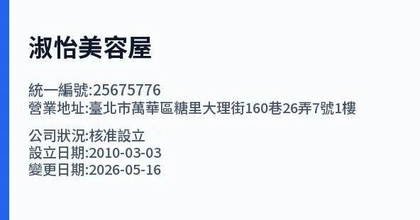 淑怡美容屋的照片-統編 25675776(臺北市) 公司登記資料與營業項目詳細圖表
