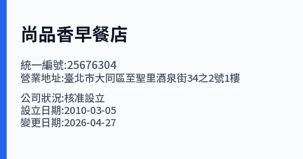 尚品香早餐店的照片-統編 25676304(臺北市) 公司登記資料與營業項目詳細圖表