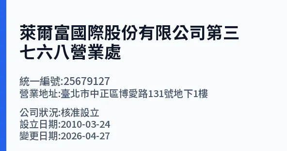 萊爾富國際股份有限公司第三七六八營業處的照片-統編 25679127(臺北市) 公司登記資料與營業項目詳細圖表