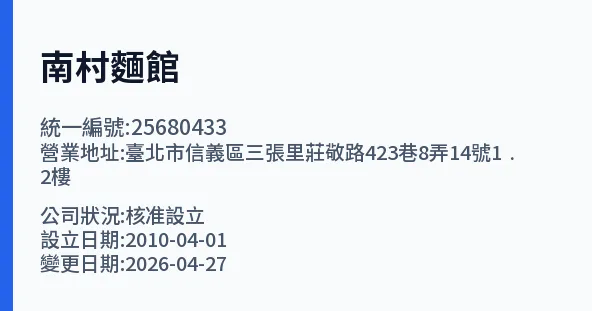 南村麵館的照片-統編 25680433(臺北市) 公司登記資料與營業項目詳細圖表