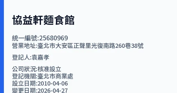 協益軒麵食館的照片-統編 25680969(臺北市) 公司登記資料與營業項目詳細圖表