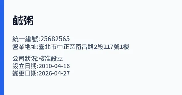 鹹粥的照片-統編 25682565(臺北市) 公司登記資料與營業項目詳細圖表