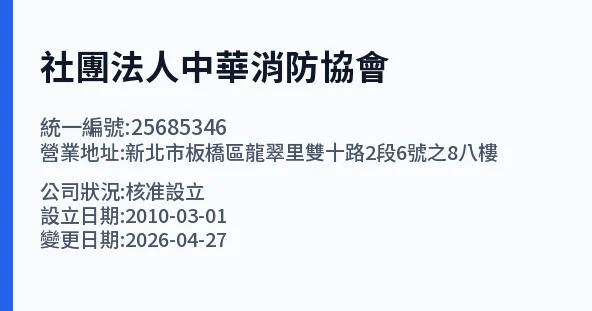 社團法人中華消防協會的照片-統編 25685346(新北市) 公司登記資料與營業項目詳細圖表