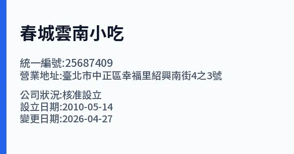 春城雲南小吃的照片-統編 25687409(臺北市) 公司登記資料與營業項目詳細圖表