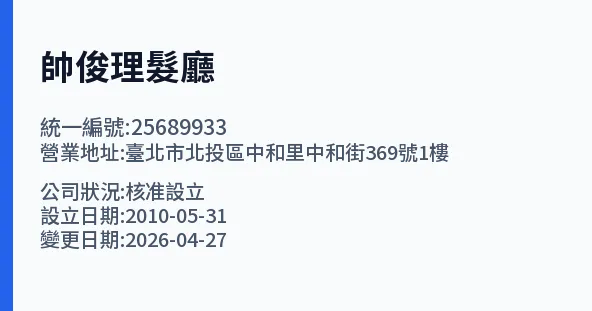 帥俊理髮廳的照片-統編 25689933(臺北市) 公司登記資料與營業項目詳細圖表