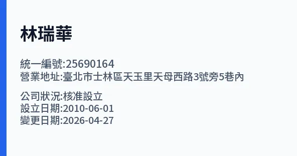 林瑞華的照片-統編 25690164(臺北市) 公司登記資料與營業項目詳細圖表