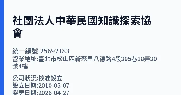社團法人中華民國知識探索協會的照片-統編 25692183(臺北市) 公司登記資料與營業項目詳細圖表