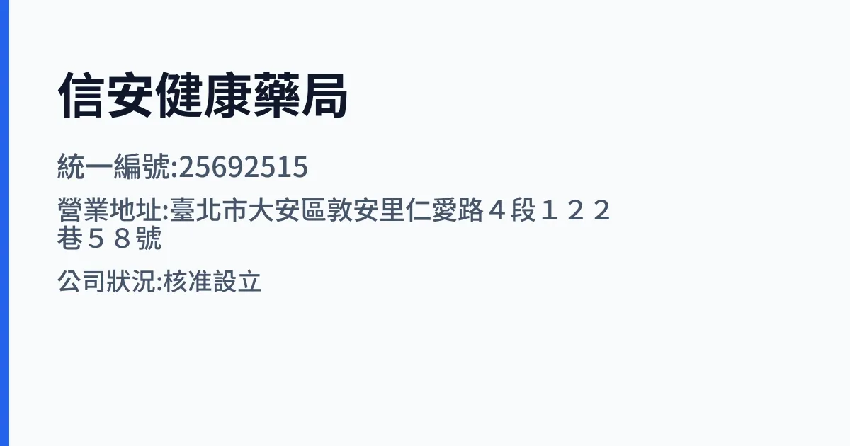 信安健康藥局 - 統編 25692515(臺北市) 公司登記資料與營業項目詳細圖表
