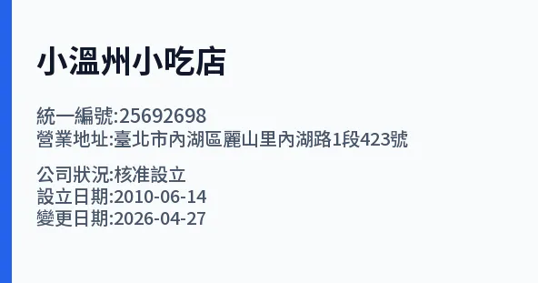 小溫州小吃店的照片-統編 25692698(臺北市) 公司登記資料與營業項目詳細圖表