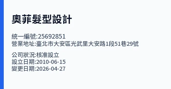 奧菲髮型設計的照片-統編 25692851(臺北市) 公司登記資料與營業項目詳細圖表