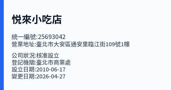 悦來小吃店的照片-統編 25693042(臺北市) 公司登記資料與營業項目詳細圖表