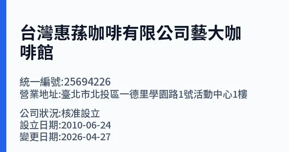台灣惠蓀咖啡有限公司藝大咖啡館的照片-統編 25694226(臺北市) 公司登記資料與營業項目詳細圖表
