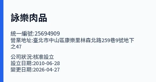 詠樂肉品的照片-統編 25694909(臺北市) 公司登記資料與營業項目詳細圖表