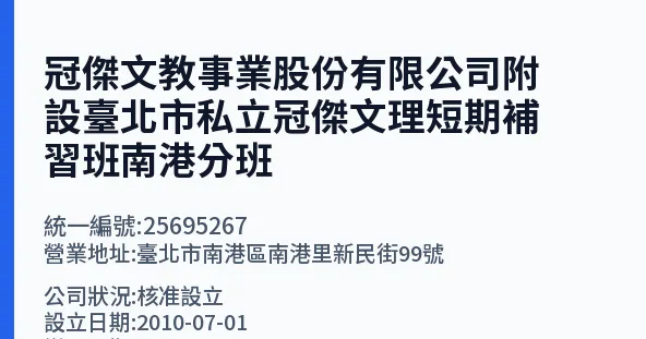 冠傑文教事業股份有限公司附設臺北市私立冠傑文理短期補習班南港分班的照片-統編 25695267(臺北市) 公司登記資料與營業項目詳細圖表