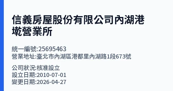 信義房屋股份有限公司內湖港墘營業所的照片-統編 25695463(臺北市) 公司登記資料與營業項目詳細圖表
