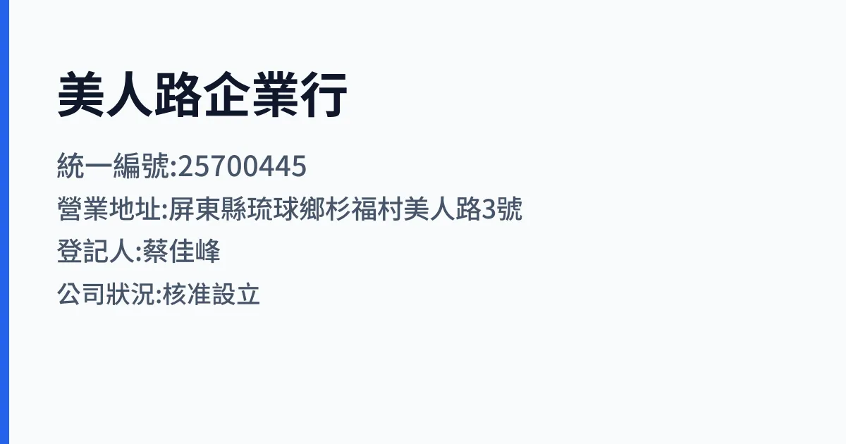美人路企業行 - 統編 25700445(屏東縣) 公司登記資料與營業項目詳細圖表