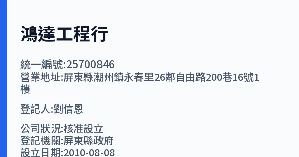 鴻達工程行的照片-統編 25700846(屏東縣) 公司登記資料與營業項目詳細圖表