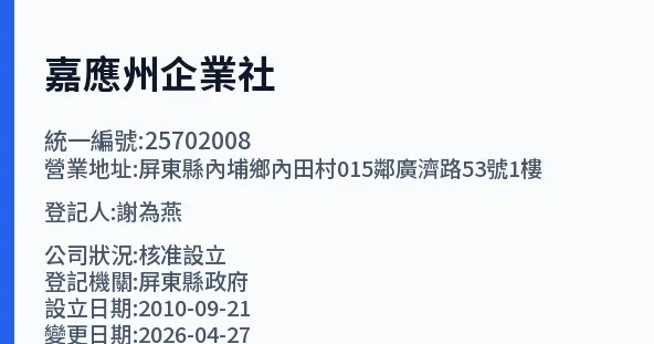 嘉應州企業社的照片-統編 25702008(屏東縣) 公司登記資料與營業項目詳細圖表