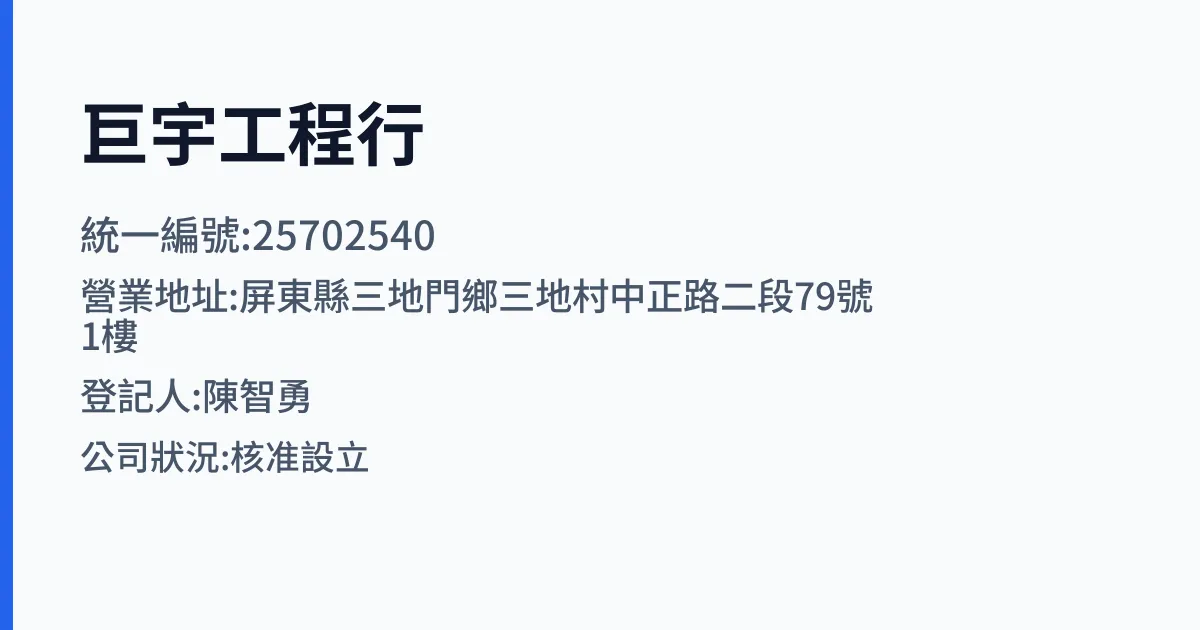 巨宇工程行 - 統編 25702540(屏東縣) 公司登記資料與營業項目詳細圖表